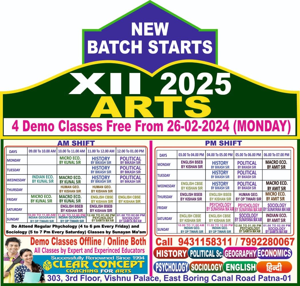 New Batch Time Table for 12th Arts 2025 batch – Best Arts Coaching in Patna
