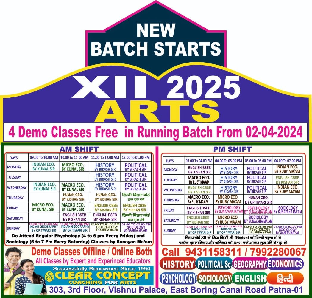 Clear concept’s New Batch time Schedule for AM & PM shifts for arts classes in Patna – Best Arts ...